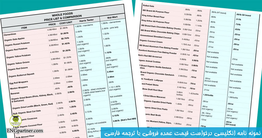 نمونه نامه انگلیسی درخواست قیمت عمده فروشی با ترجمه فارسی English Partner